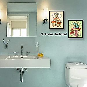 Funny Frog Posters Vintage Frog Mushroom Wall Art Prints, Retro Cute Frog Mushroom Creativity Nature Illustration Canvas Art Prints for Bathroom Bedroom Living Room Decor, Set of 4-(8”x10”, Unframed)