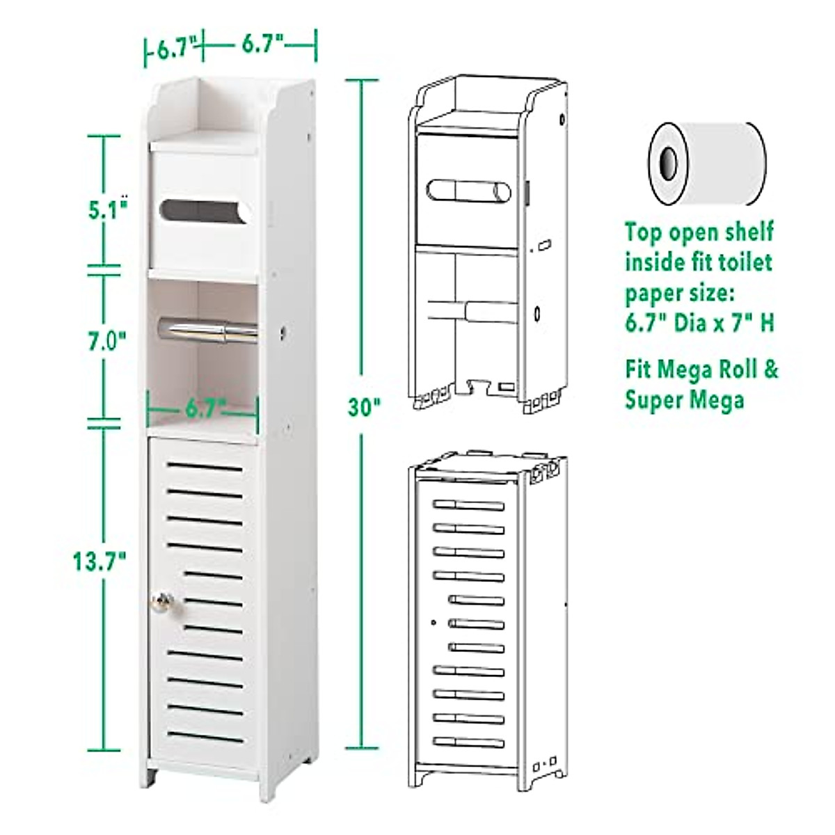 TUOXINEM Small Bathroom Storage Cabinet with One Rod for Small Spaces,Over The Toilet Storage Cabinet for Bathroom Storage,Slim Toilet Paper Storage Cabinet with 4 Tier Design,Fit Mega Roll (White)