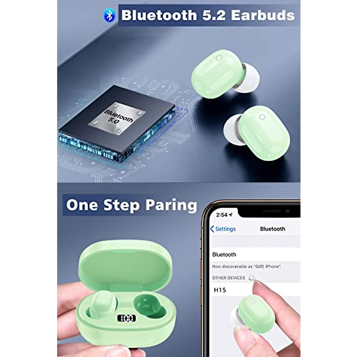 Wireless Earbuds, Bluetooth Earphones Stereo HiFi Sound Noise Cancelling with Built-in Microphone, True Wireless Headphones In-Ear Earbuds for Sports and Work, Compatible with iPhone, Android- Green