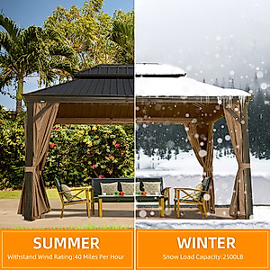 Domi Hardtop Gazebo 10x12ft Outdoor Pergola Metal Gazebos Backyard Pavilion Aluminum Roof Canopy with Mosquito Netting and Curtains for Patio,Garden,Lawn(Brown)