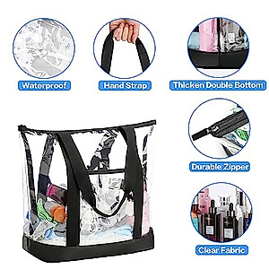 HAOGUAGUA Extra Large Clear Cosmetic Toiletry Bag, Large Clear Makeup Bag, Waterproof Transparent Plastic PVC Tote Shoulder Bag with Handles (BLACK)
