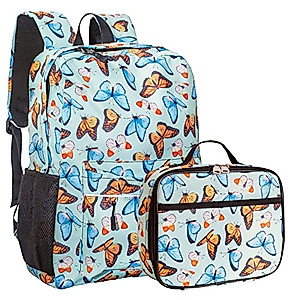 Fenrici Kids Backpack and Lunchbox Bundle for Girls, Boys, Teens (Green Butterfly)
