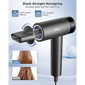 KNKA Hair Dryer, 1500W High Speed Low Noise Blow Dryer with 4 Temperatures & 3 Speed, Negative Ionic Hair Dryer, 110,000 RPM Hairdryer with Magnetic Nozzle, Fast Drying for Home, Travel, Gym, Grey