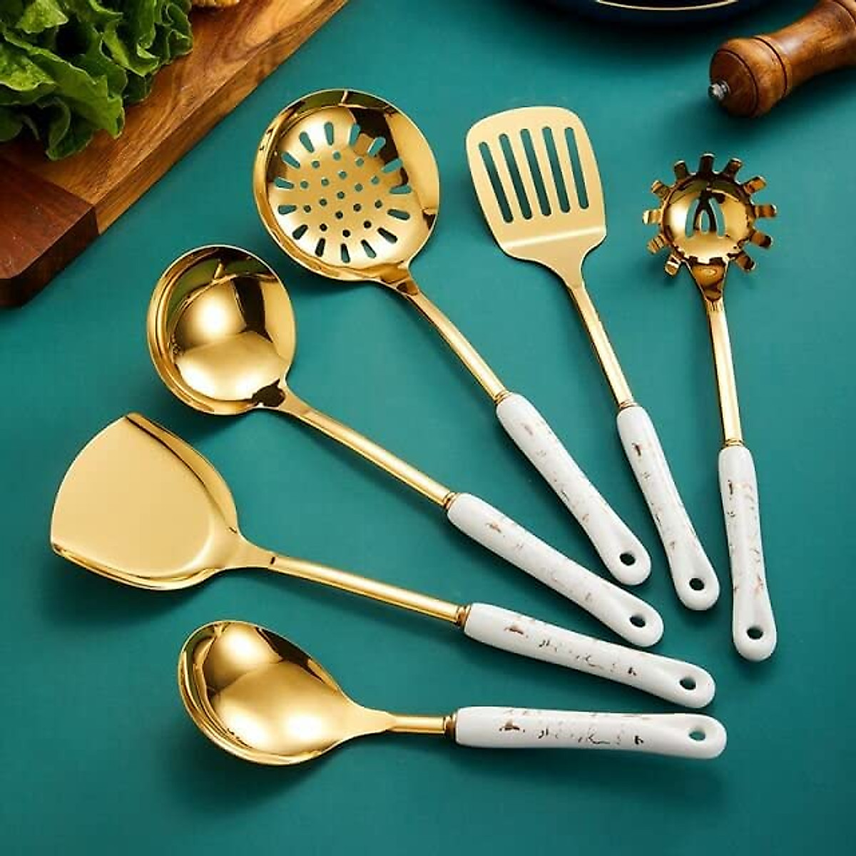 Stainless Steel Kitchen Gold Cooking Utensils set 7pcs (Marble White - Gold)
