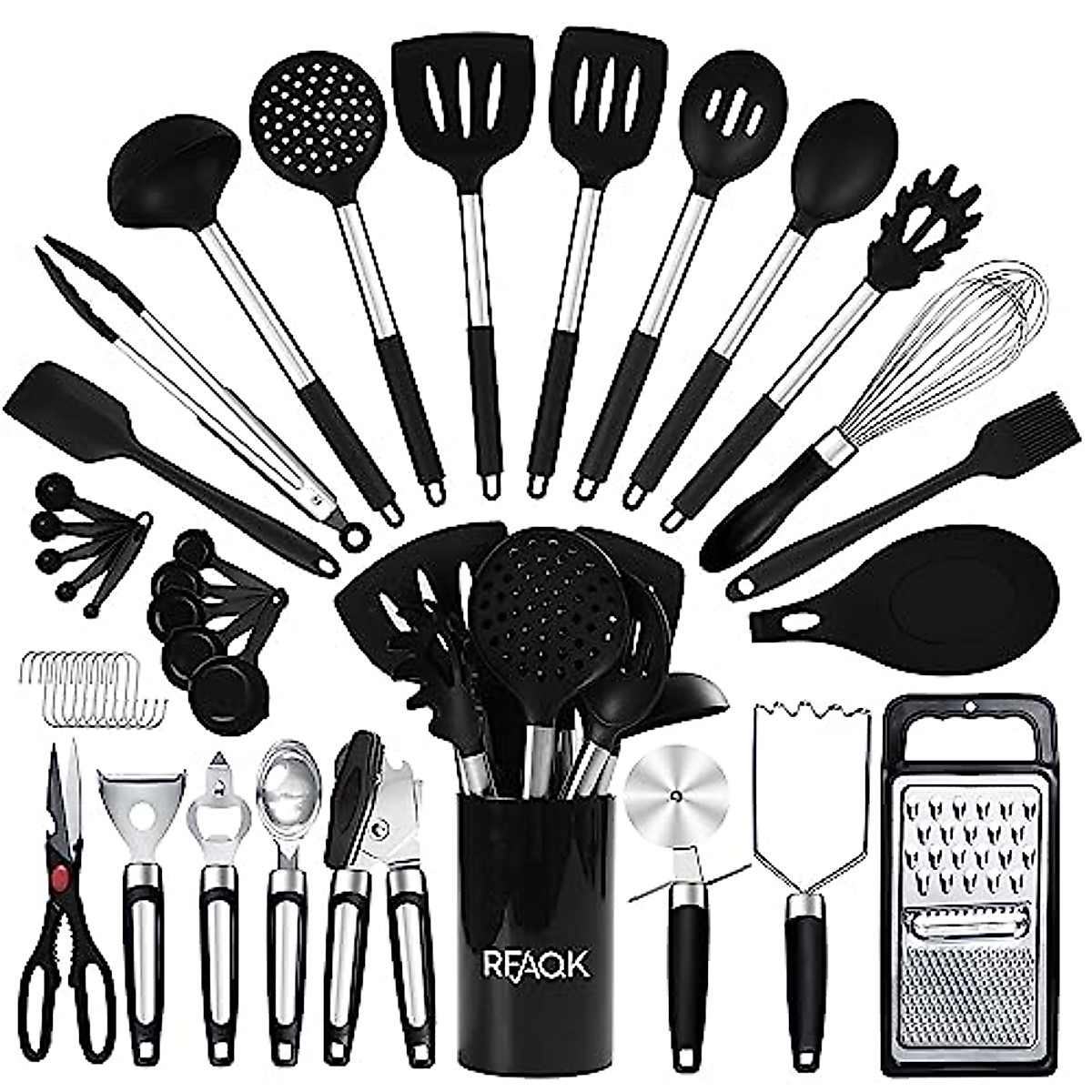 40PCs Silicone Cooking Utensils Set 446℉ Heat Resistance, RFAQK BPA Free Kitchen Utensils Set for Nonstick Cookware, Gadgets includes Can Opener, Potato Smasher,Peeler,Tongs,Spatula Set,Pizza Cutter