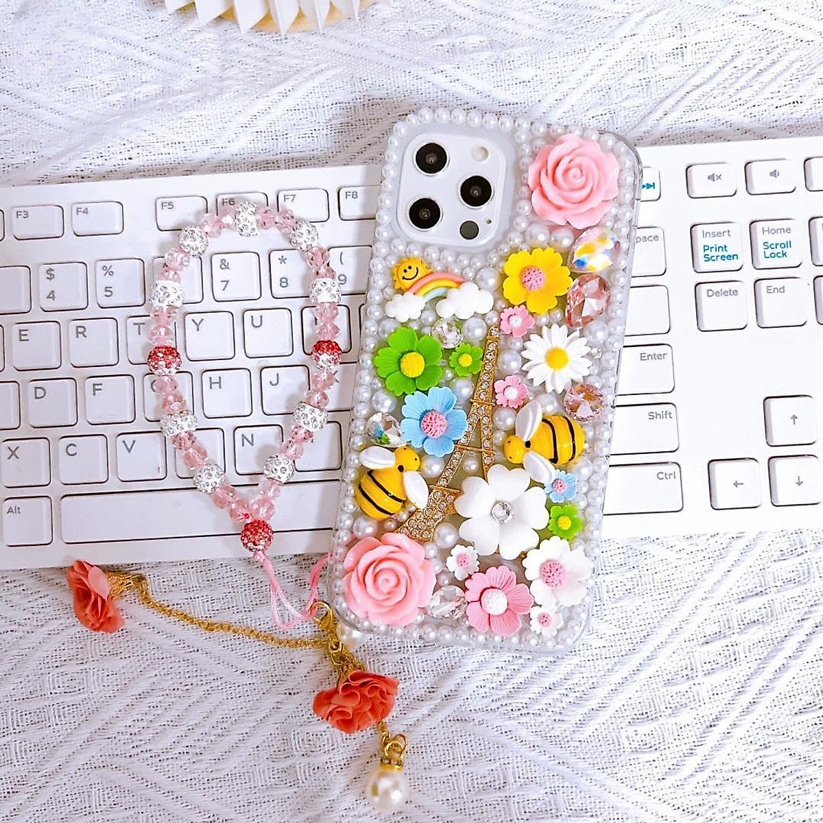 redecarie for Samsung Galaxy S9 Plus Bling Glitter Case,Shiny Diamond Luxury Crystal Rhinestone Cute Bee Rainbow Tower Pearl 3D Handmade Women Girls Protective Cover with Bracelet Lanyard