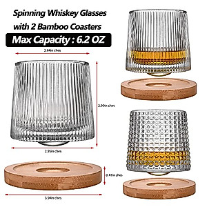 JEKMOS Rotatable Whiskey Glasses Set of 2 Old Fashioned Rocks Glasses with Coasters 6.2OZ Crystal Spinning Viski Tasting Glasses for Drinking Cups Gifts for Men