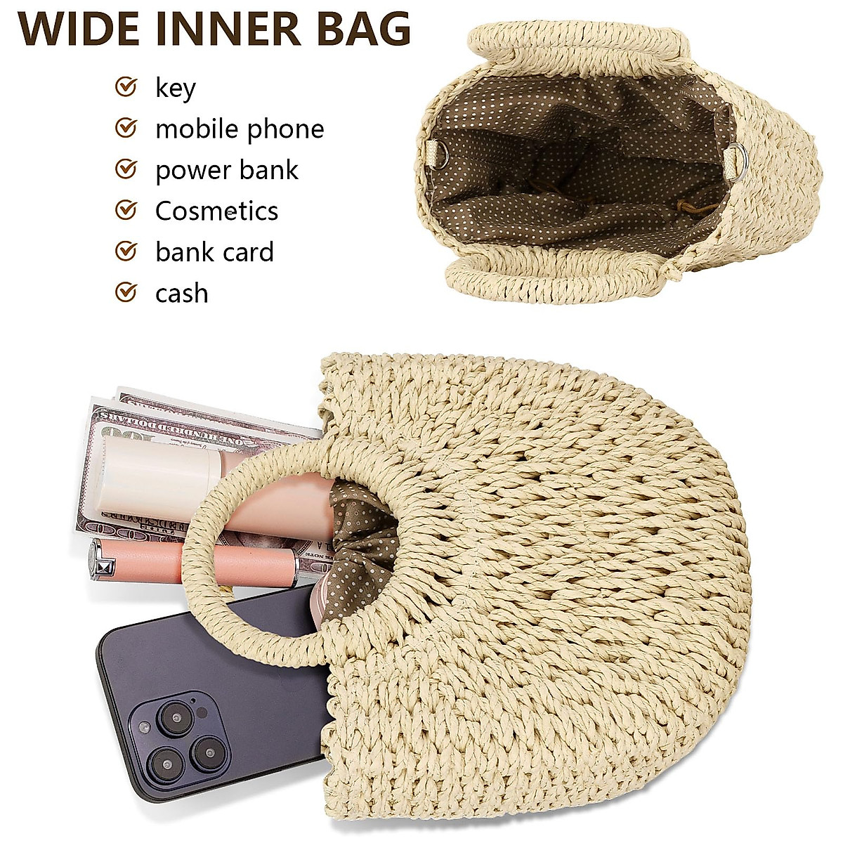 FENBEN Women Straw Crossbody Bag Summer Beach Weave Shoulder Bag Rattan (Beige)