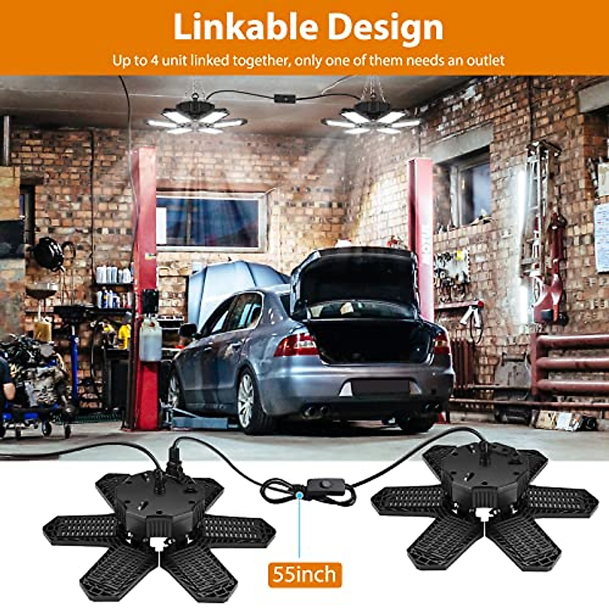 GDNZDUTS 2-Pack Garage Light, 160W 16000LM-6500K Deformable LED Garage Light with Plug, Linkable Garage Lights Ceiling LED with 6 Adjustable Panels for Garage Basement Workshop Built-in ON/Off Switch