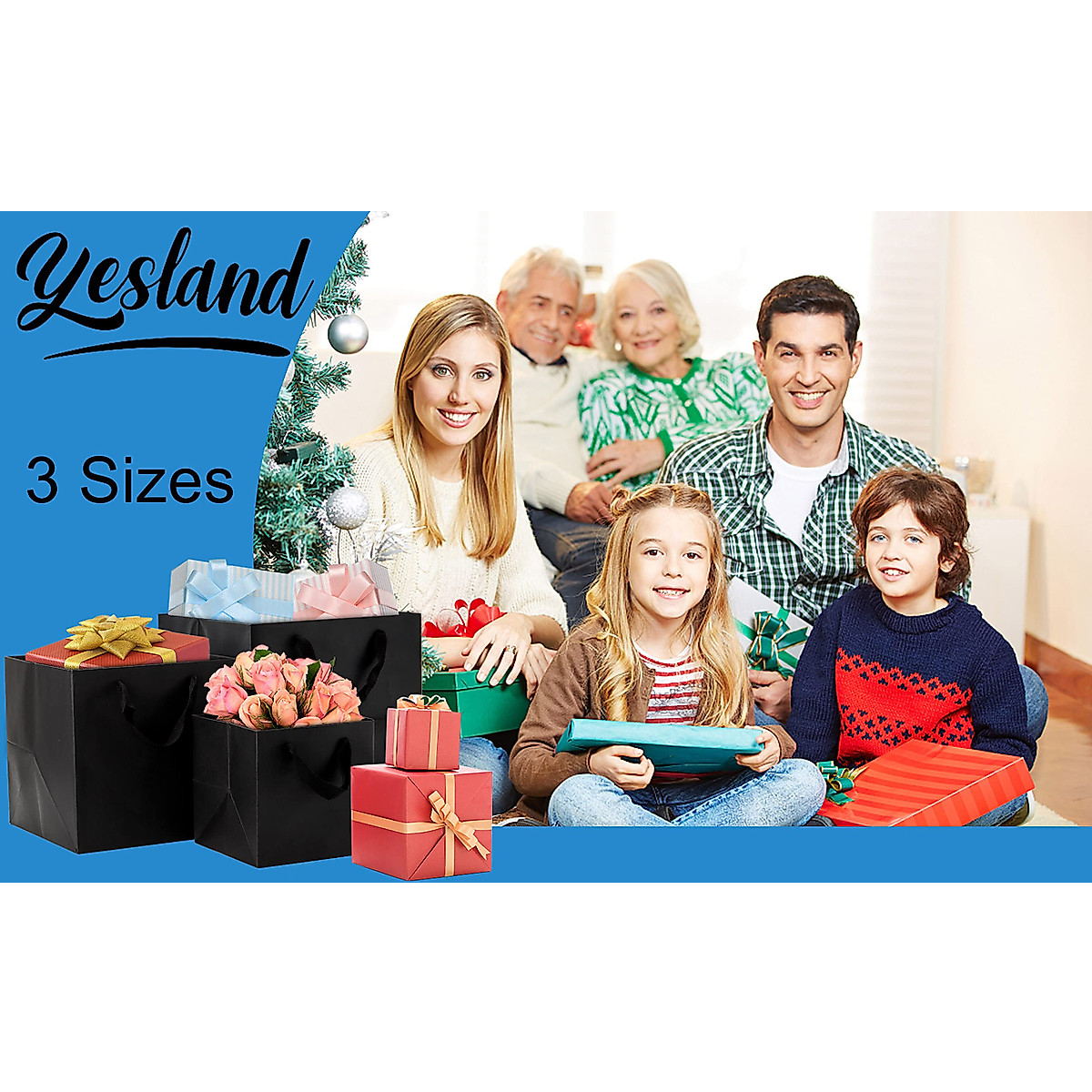 Yesland 30 Pack Black Kraft Paper Bags - 3 Sizes Square Gift Bags Shopping Bags with Ribbon Handles - Reusable Large Retail Business Packaging Bags for Goodie Party Wedding Present(10'', 8'', 6'')