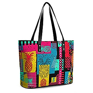 Womens Handbag Pneapples And Geometric Pattern Leather Tote Bag Top Handle Satchel Bags For Lady