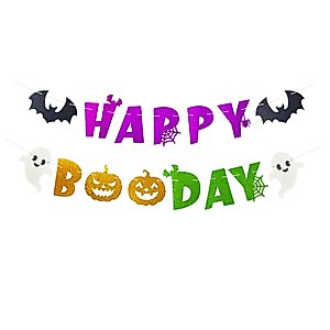 Happy Boo Day Banner Halloween Ghost Pumpkin Bat Theme decoration, colorful Happy booday Sign for Kids Boy Girl Birthday Halloween Festival Holiday Party Decorations