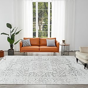 Auemtyn Area Rug, 8x10 Washable Rug for Living Room, Non-Shedding Vintage Rug with Non-Slip Backing, Stain Resistant Distressed Farmhouse Rug for Bedroom(8'x10',White/Silver)