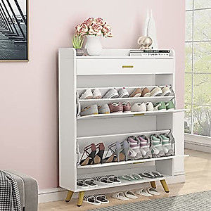 PAKASEPT Narrow Shoe Storage Cabinet,18-24 Pair Free Standing Tipping Bucket Shoe Rack Organizer with Drawers for Entryway,Bedroom,Hallway,White