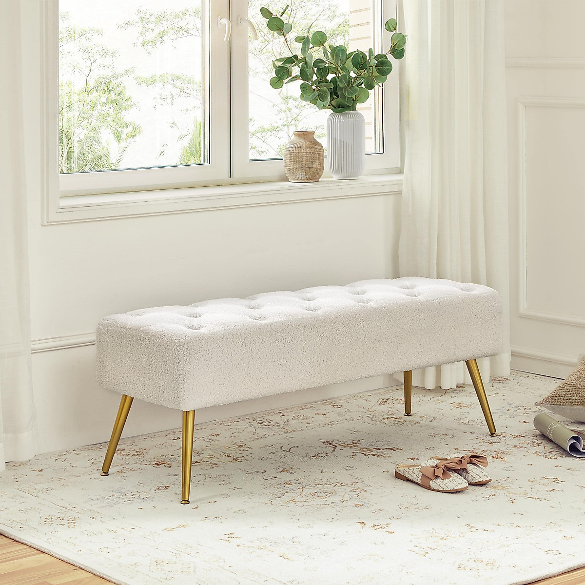Yaheetech Modern Ottoman Bench Boucle Bench Upholstered Footrest for Living Room with Gold Metal Legs and Padded Seat Ivory