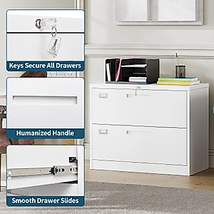 MIIIKO Lateral File Cabinet 2 Drawer with Lock, White Filing Cabinet Home Office, Large Deep Drawers Locked by Keys, for Hanging Folders Files Letter/Legal/F4/A4 Size