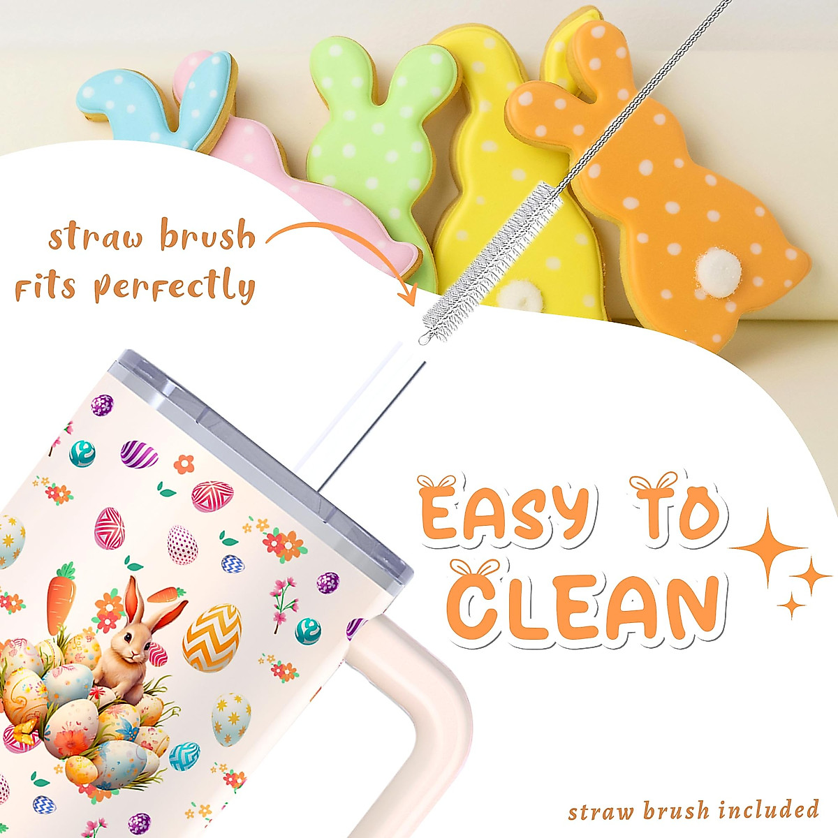 winiwo 40 oz Easter Tumbler with Handle and Straw, Easter Gifts for Kids, Rabbits Lover, Bunny Insulated Tumbler for Hiding Candy Chocolate Eggs, Stainless Steel, Available Gift Wrapping (Pink)