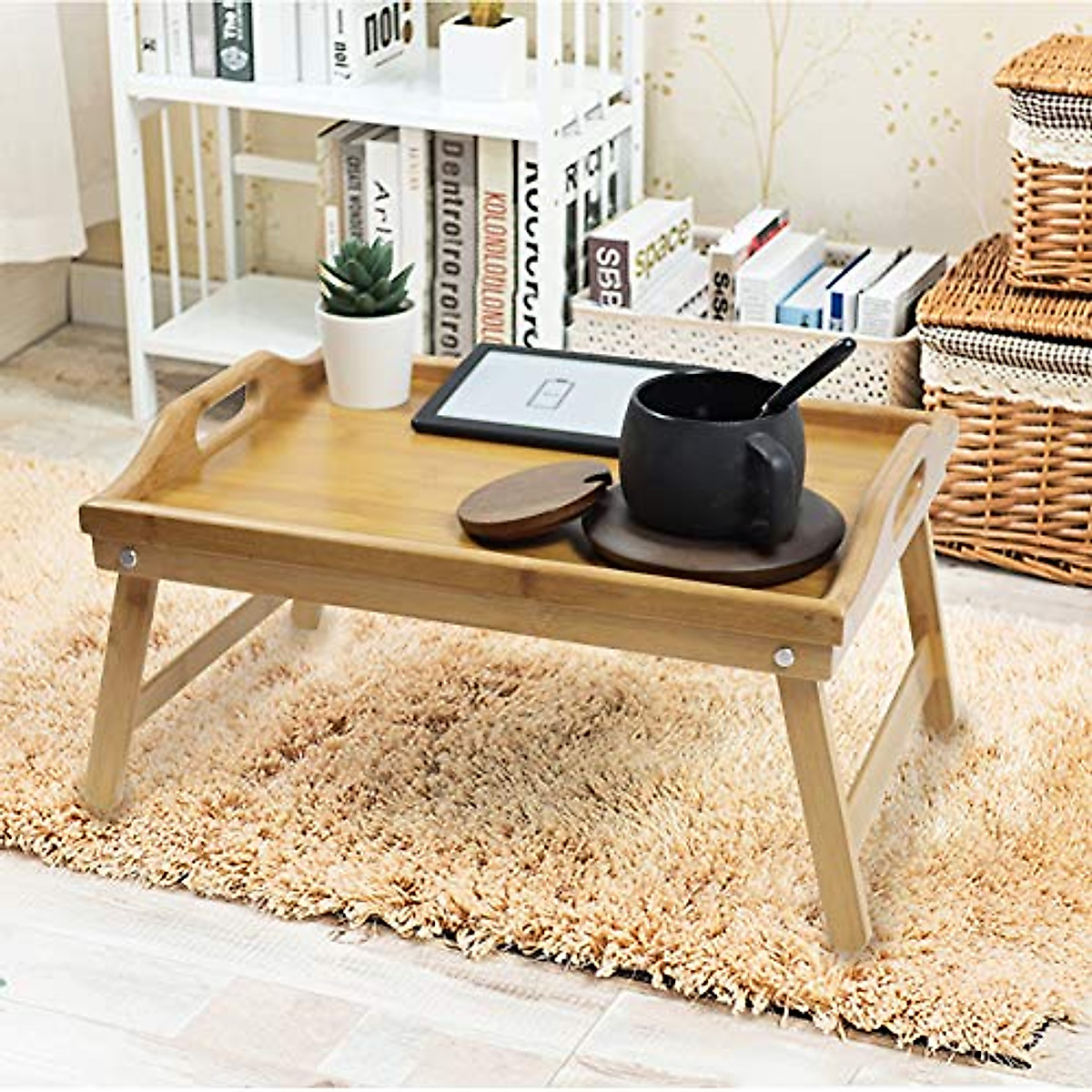 KKTONER Bamboo Bed Tray Table with Folding Legs Foldable Serving Portable Laptop Tray Snack Tray Breakfast Tray Bed Table Drawing Table