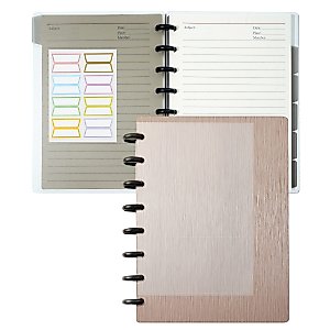 Discbound Notebook Customizable Spiral Journal Refillable 5 Subject Notebook with Removable Pages 120 Wide Ruled Disc Planner with 6 Binder Dividers & 16 Tabs for Work Meeting School, Rose Gold