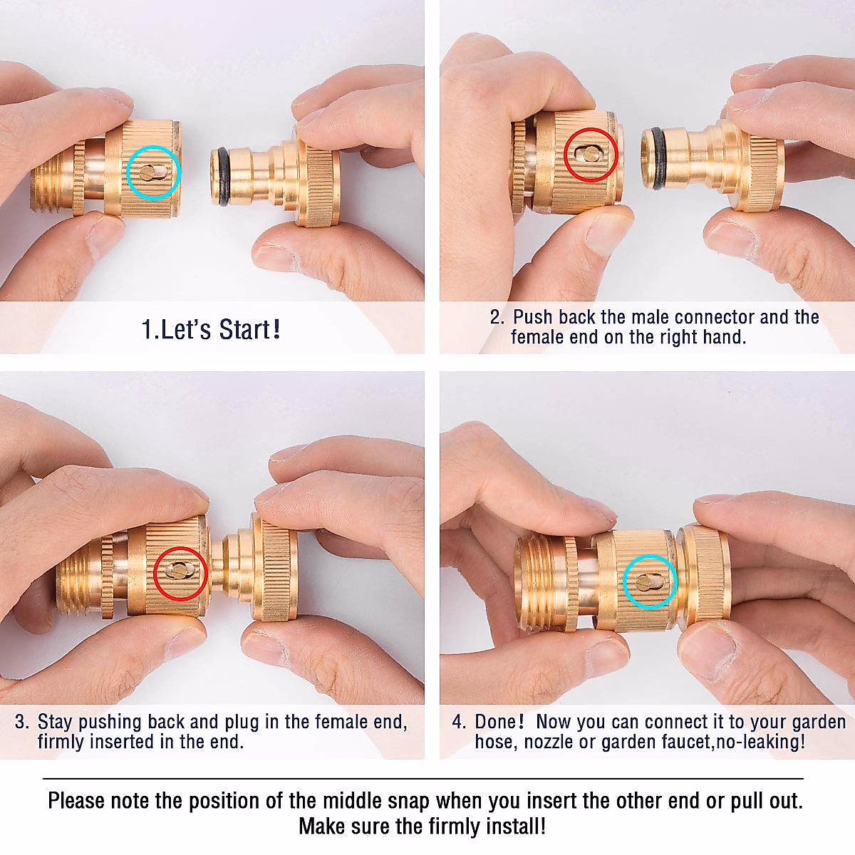 8PCS Garden Hose Quick Connector, 3/4 inch GHT Solid Brass Water Hose Thread Fittings, Easy Connect & Disconnect Adapters, Male and Female(2+2 Pairs)