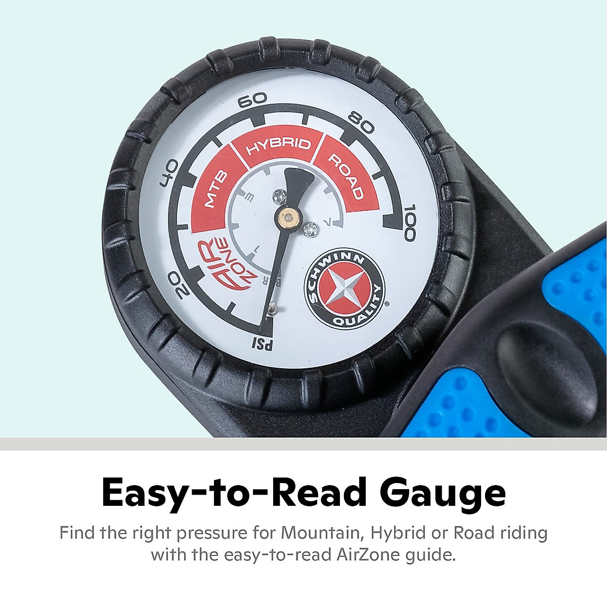 Schwinn Air Center Max Floor Bike Pump, Pressure Gauge, Pumps 100 Max PSI, Dual Head Fits Schrader and Presta Valve Types, Best for Wide Tires, Silver