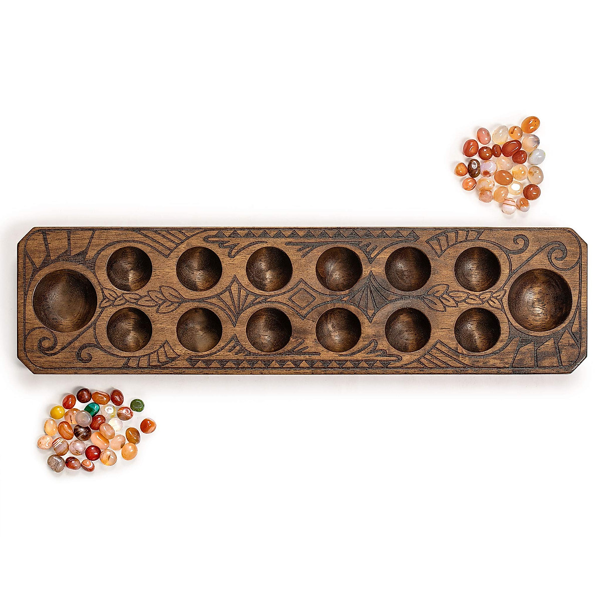 Yellow Mountain Imports Mancala Set with 17.3-Inch Solid Wood Board and Quartz Pebble Playing Pieces