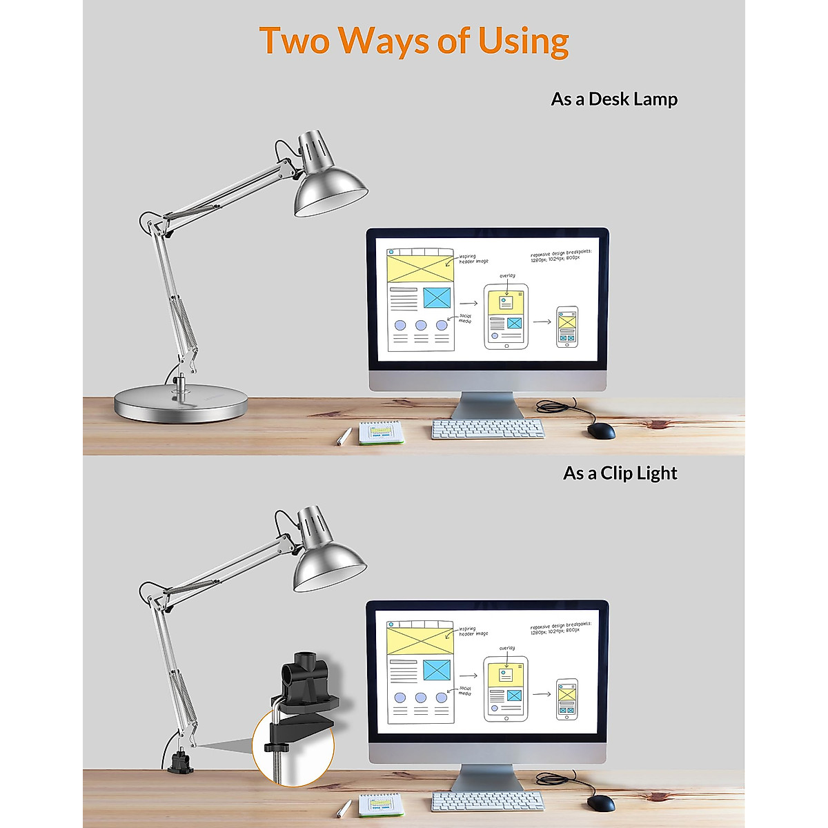 LEPOWER Metal Desk Lamp, Adjustable Goose Neck Architect Table Lamp with On/Off Switch, Swing Arm Desk Lamp with Clamp, Eye-Caring Reading Lamp for Bedroom, Study Room &Office (Silver)