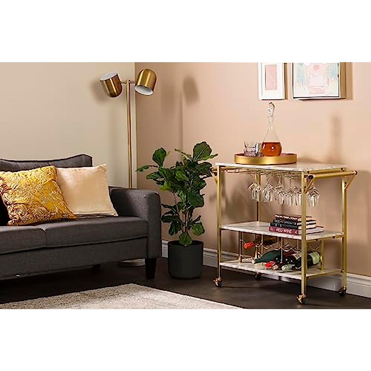 South Shore Maliza Bar Cart Bottle Storage and Wine Glass Rack-Faux Marble and Gold