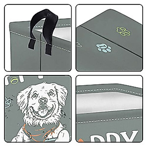 Clastyle Collapsible Happy Dog Toy Storage Bin with Handle Grey Rectangular Puppy Storage Basket for Pets Toys Clothes Leashes, 15.7x11.8x11.8 in