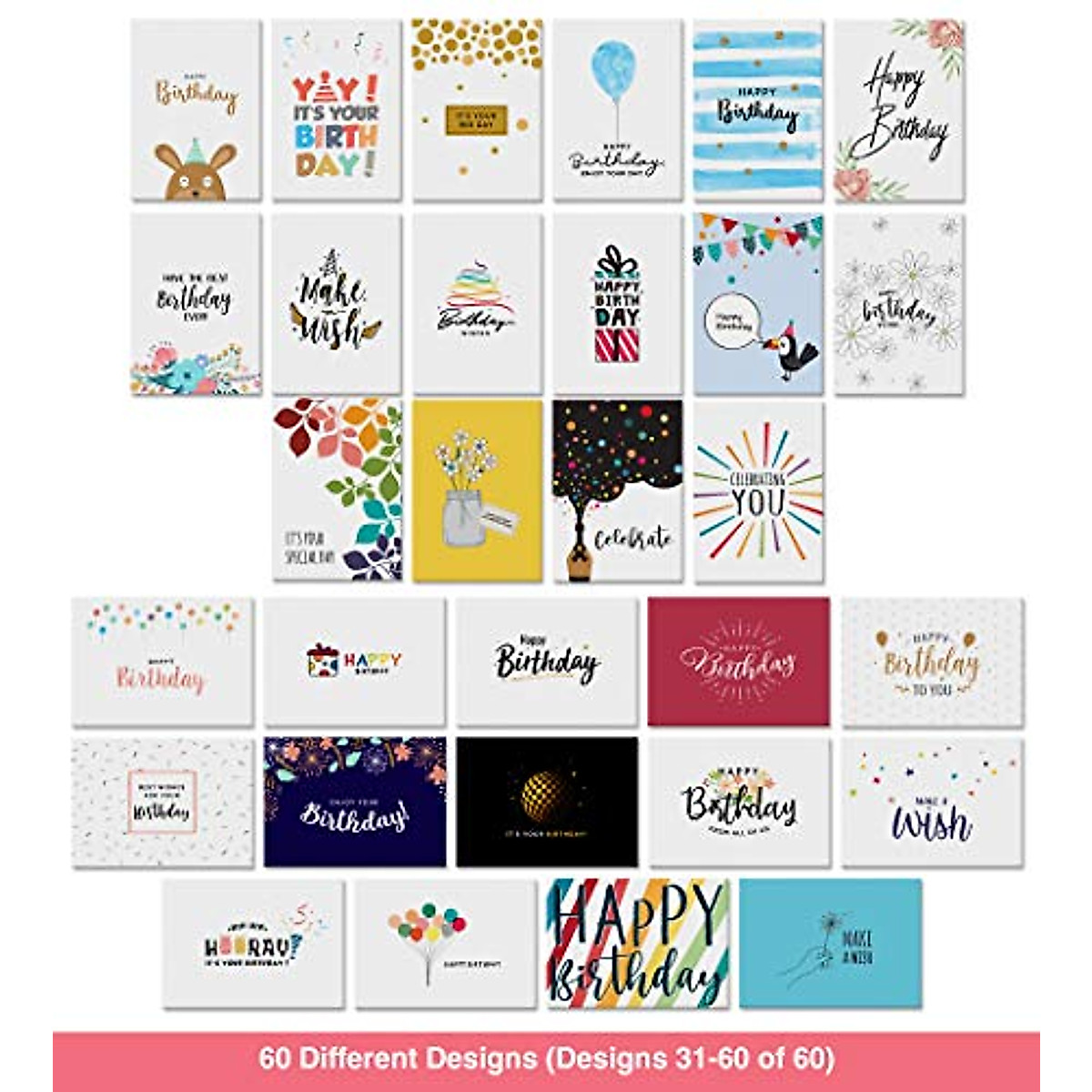 Dessie Unique Birthday Cards Assortment with Generic Birthday Greetings Inside. Suitable For Men, Women and Kids. Includes Envelopes and Gold Stickers, 60 Cards