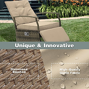 CATMIX Outdoor Rocking Chairs, Adjustable Rattan Recliner Chairs PE Wicker Patio Furniture Set Outdoor Recliner Chairs Furniture Set with Soft Thick Cushion, Removable Glass Tabletop, Beige…