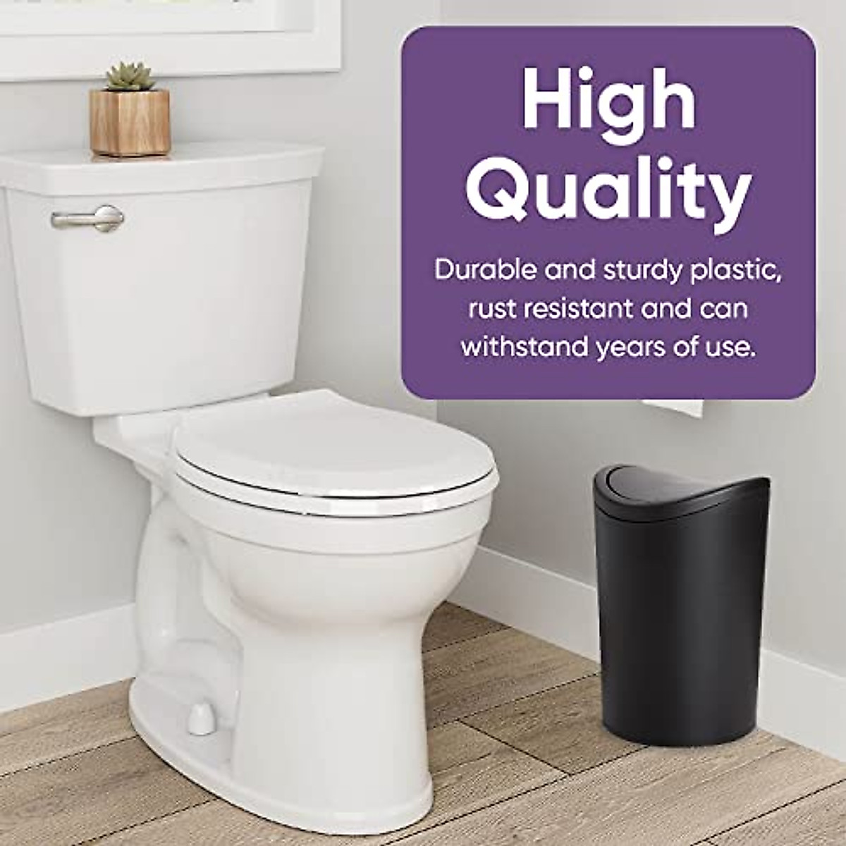 Superio Small Plastic Bathroom Trash Can with Lid 6 Liter, Black Mini Waste Bin 0.75 Gallon, Modern Flat Lid Step On Trash Can with Foot Pedal, Bathroom, Bedroom, Office, Under Desk, Soft Close