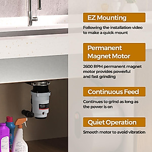 1/2 HP Garbage Disposals, TECASA Continuous Feed, Stainless Steel Food Waste Grinding System for Kitchen Sink Food Waste, Power Cord Included, Grey and Black - HyperCrush 50