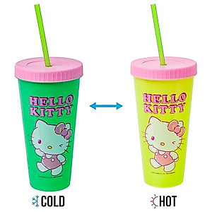 Silver Buffalo Sanrio Hello Kitty Summertime Gardening 4-Pack Color Changing Plastic Tumblers Includes Lid and Straw, 24 Ounces
