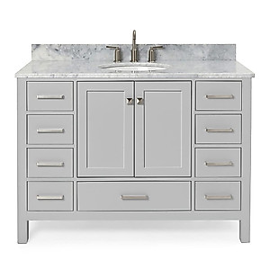 ARIEL 49" Grey Bathroom Vanity with Italian Carrara Marble Countertop & Backsplash, Center Oval Sink, 2 Soft Closing Doors, 9 Full Extension Dovetail Drawers, Brushed Nickel