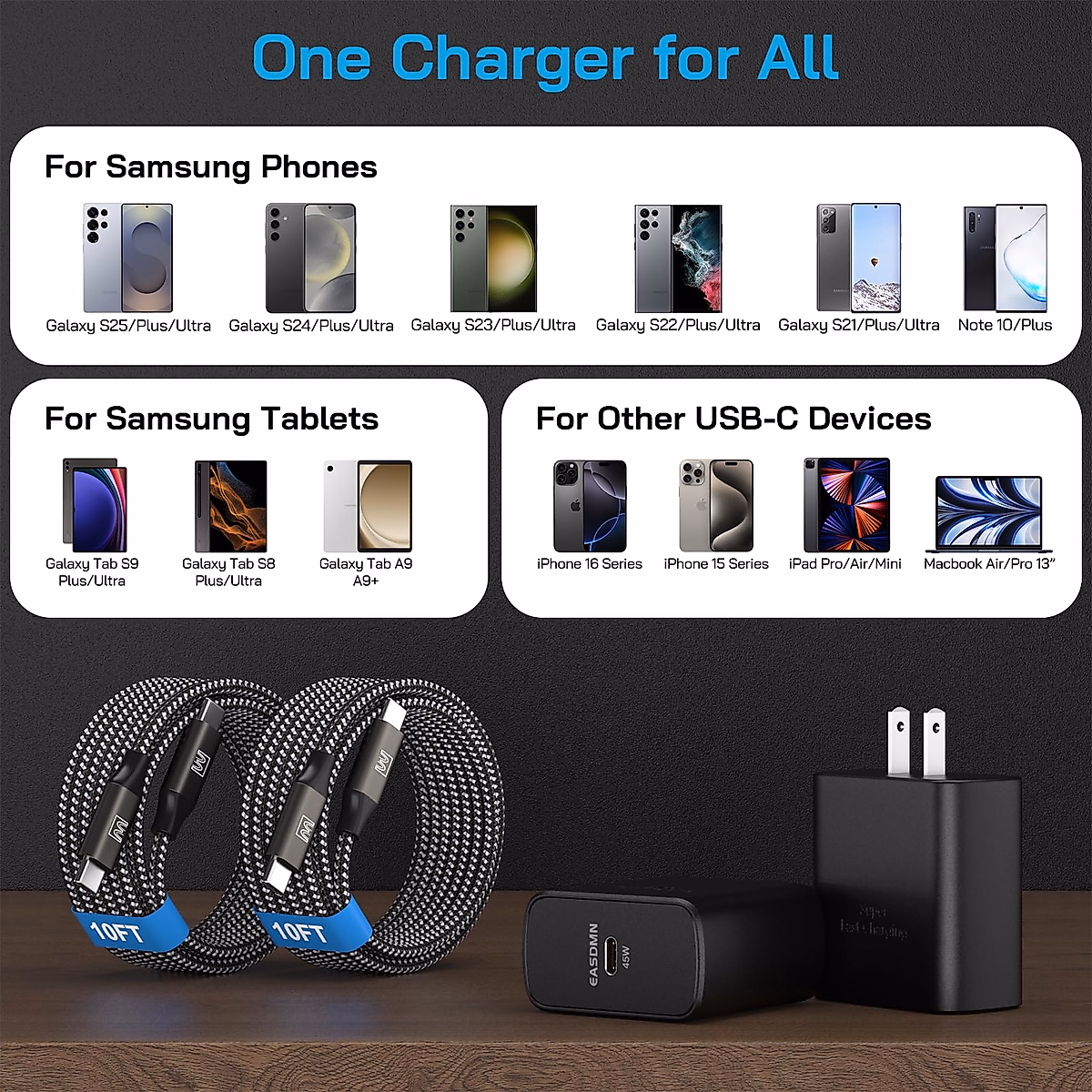 45W Super Fast Charger Type C, [2 Pack] 45 Watt USB-C Charger PD/PPS Wall Charging Block for Samsung Galaxy S25 Ultra/S25+/S25/S24/S23 Ultra/S23+/S22 Ultra/S22+/S20 Ultra, Tab S8(with 2X 10ft Cable)