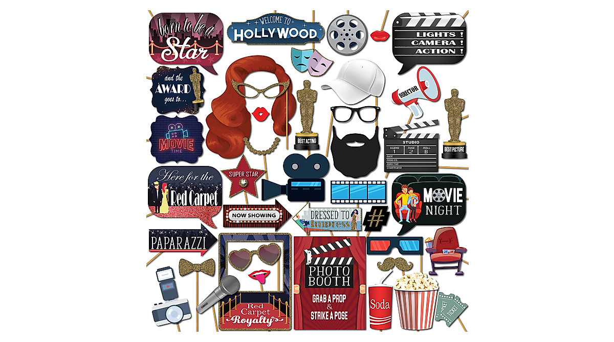 Hollywood Photo Booth Props - 41-pc Kit for Movie Nights