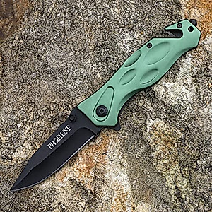 PHOELUXE Pocket Folding Knife –EDC Knife,Tactical Knife,Hunting Knife.Green Aluminum Handle 3Cr13Mov Blade.Thumb stud Assisted Opening Knifes with Liner Lock,Rope Cutter,Glass Breaker and Pocketclip.Good for Camping,Hiking,Indoor and Outdoor.