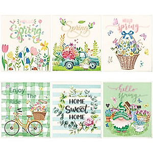 Rtteri 6 Pcs Spring Swedish Kitchen Dishcloths Spring Kitchen Dishcloths Reusable Dishcloths Floral Bike Gnome Kitchen Cloths Absorbent Dish Rags Farmhouse Housewarming Gift for Home Decoration