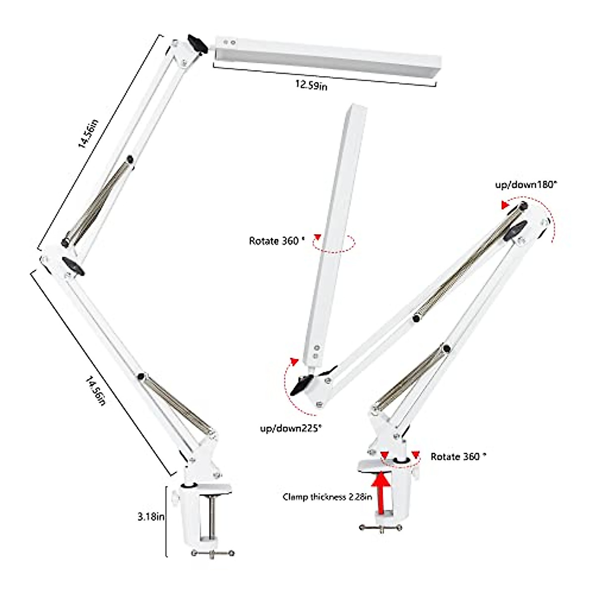 YUHU LED Desk Lamp, Metal Swing Arm Desk Lamp, with Fixture, Desk Lamp with clamp, 3 Color Modes, 10 Levels of Brightness, with Memory Function, Suitable for Home, Office, Reading (White)
