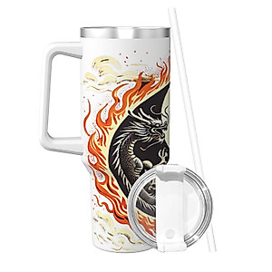 allgobee 40oz Stainless Steel Travel Mug With Handle,Yin Yang Chinese Dragon Insulated Coffee Tumbler With Lid And Straw
