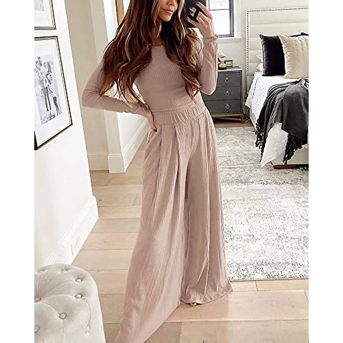 BTFBM Women's Two Piece Lounge Set Long Sleeve Bodycon Ribbed Knit Crop Top Loose Wide Leg Pant Casual Outfits Sweatsuit(Solid Apricot, Small)