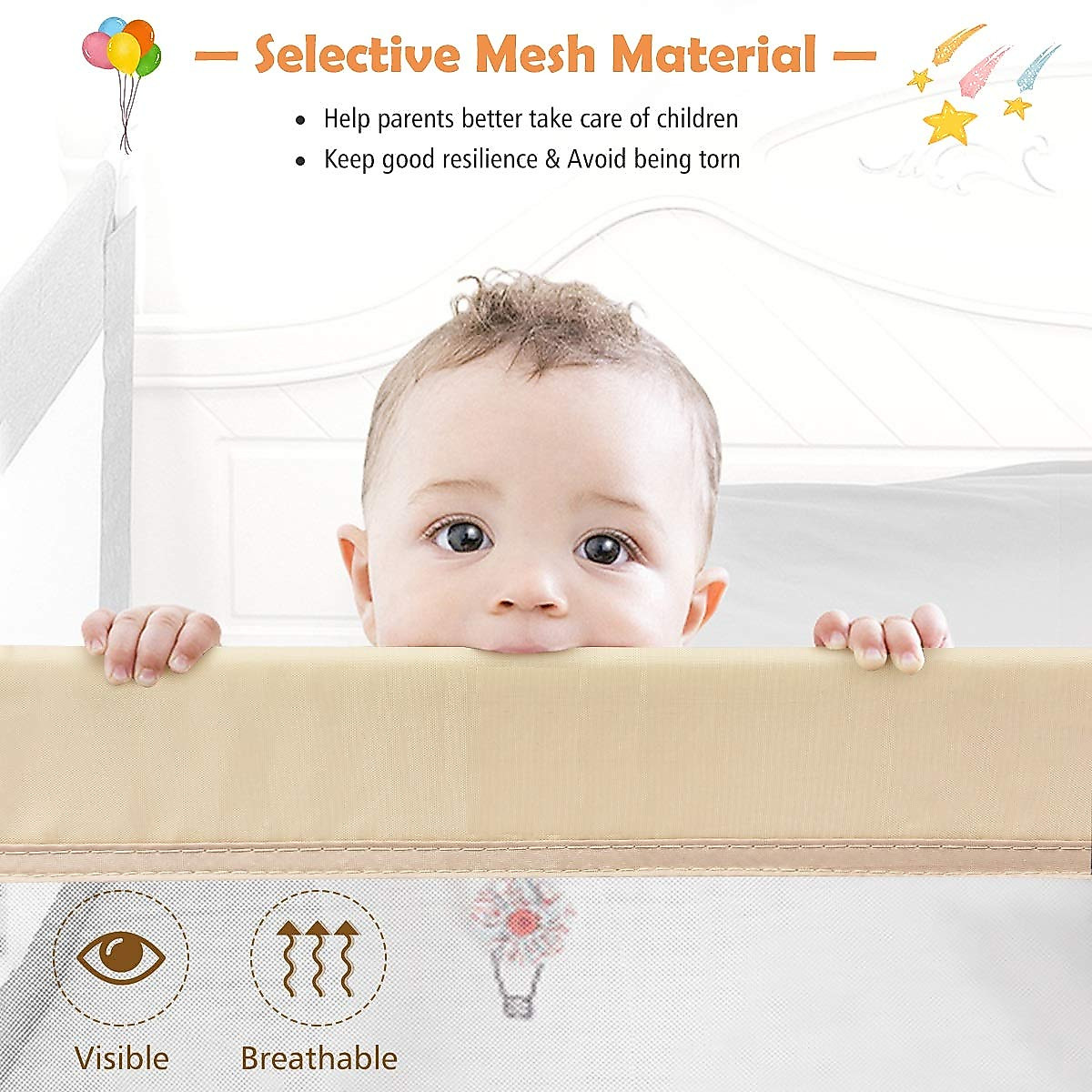 Costzon Bed Rail for Toddlers, 2 PCS Extra Long Swing Down Safety Bed Guards w/Straps for Convertible Crib, Kids Twin, Double, Full Size, Queen & King Bed, Folding Bed Rails for Baby (59-Inch, Beige)