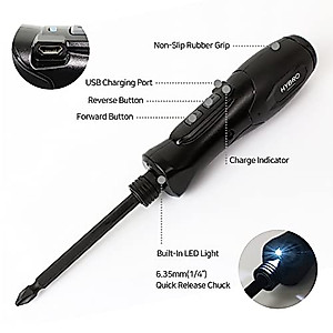 HYBRO Rechargeable Cordless 3.6V Screwdriver Set, Electric and Manual Battery Powered Professional and Home Improvement Tool-2N.m to 10N.m Torque, Double-End Bit,USB Charge,LED Light - H200Q (Black)