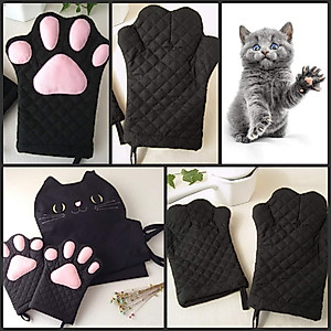 Oven Mitts,Cat Design Heat Resistant Cooking Glove Quilted Cotton Lining- Heat Resistant Pot Holder Gloves for Grilling & Baking Gloves BBQ Oven Gloves Kitchen Tools Gift Set BBQ,Microwave (Black)