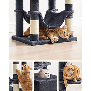 Feandrea Cat Tree, 61-Inch Cat Tower for Indoor Cats, Plush Multi-Level Cat Condo with 5 Scratching Posts, 2 Perches, 2 Caves, Hammock, 2 Pompoms, Smoky Gray UPCT192G01