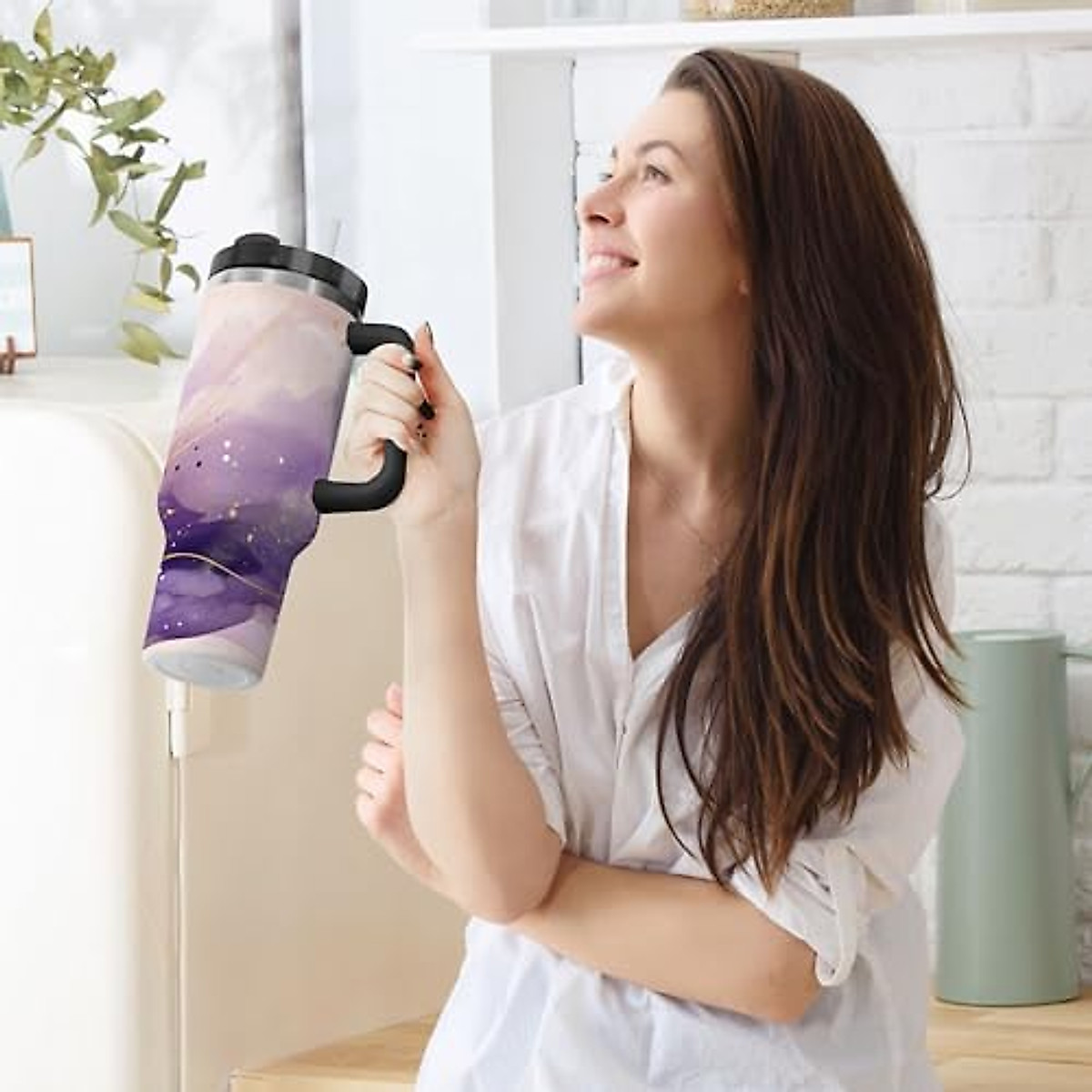 SEHANY Purple Marble 30 Oz Tumbler with Lid and Straw, Double Vacuum Stainless Steel Insulated Sports Water Bottle Cup Holder Friendly Leak-Proof Travel Coffee Cup for Iced Drink