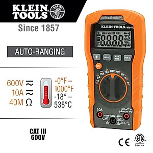 Klein Tools MM400 Multimeter, Digital Auto Ranging, AC/DC Voltage, Current, Capacitance, Frequency, Duty-Cycle, Diode, Continuity, Temp 600V,Orange
