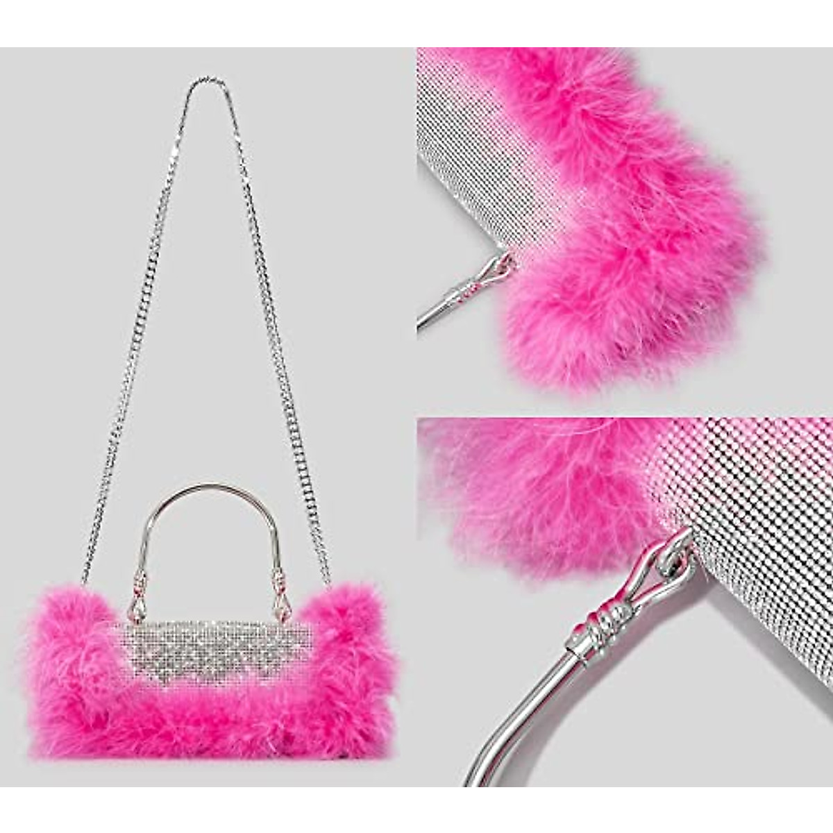 Rhinestone Evening Bag Women Ostrich Feather Shoulder Crossbody Sparkly Handbag and Purse Shiny Clutch for Party Wedding (Black)