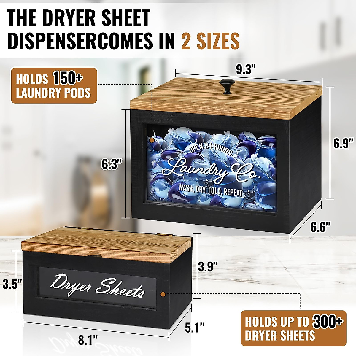 Set of 2 Dryer Sheet Holder and Laundry Pods Container for Laundry Room Organization and Storage, Wood Wall Mount Dryer Sheet Container and Dryer Ball holder with Lid for Farmhouse Laundry Room Decor